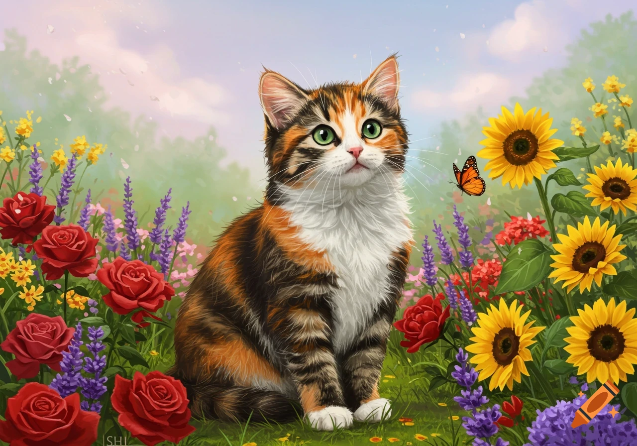 A calico cat sits in a colorful flower garden with sunflowers, roses ...