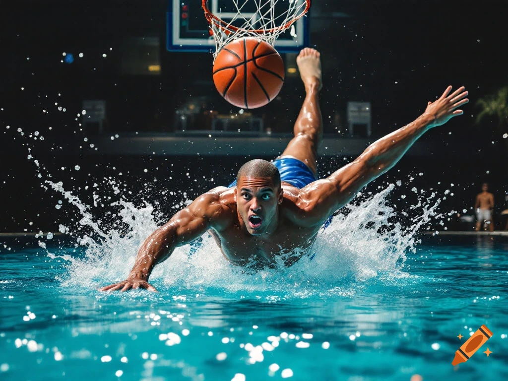 Muscular person diving headfirst into a pool towards a basketball hoop, creating a large splash ...