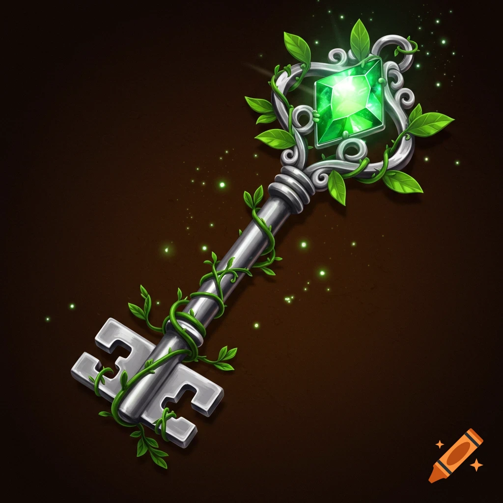 A magical silver key wrapped in vines with a large green gem and leaves ...