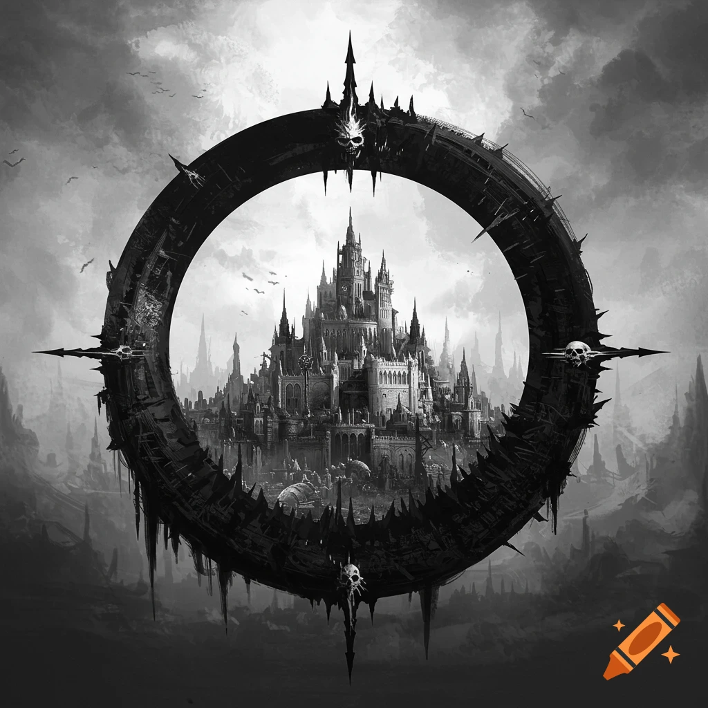 Black and white stylized image of a large gothic city inside a circular ...