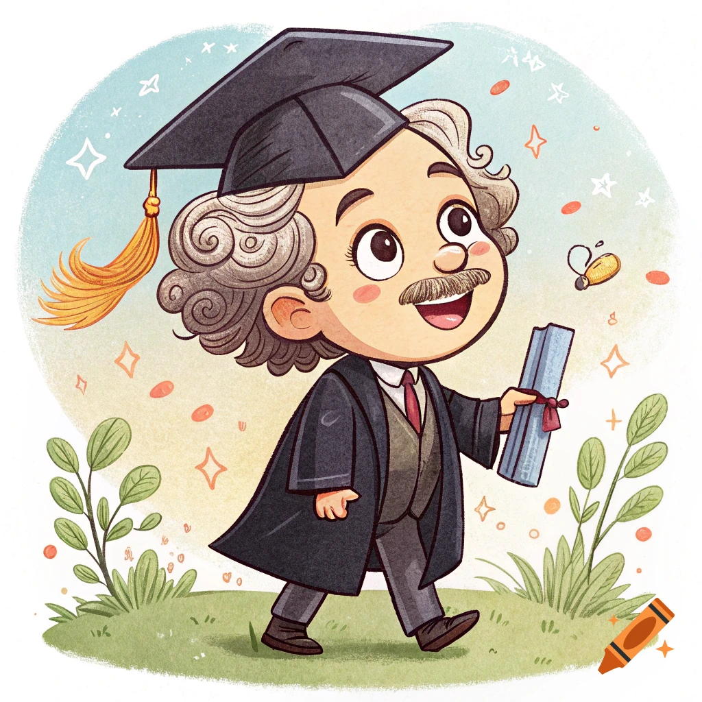 Cute cartoon character resembling Einstein in graduation cap and gown ...