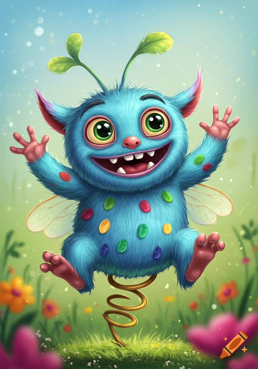 Cute blue fluffy monster jumping on a spring in a flower field ...