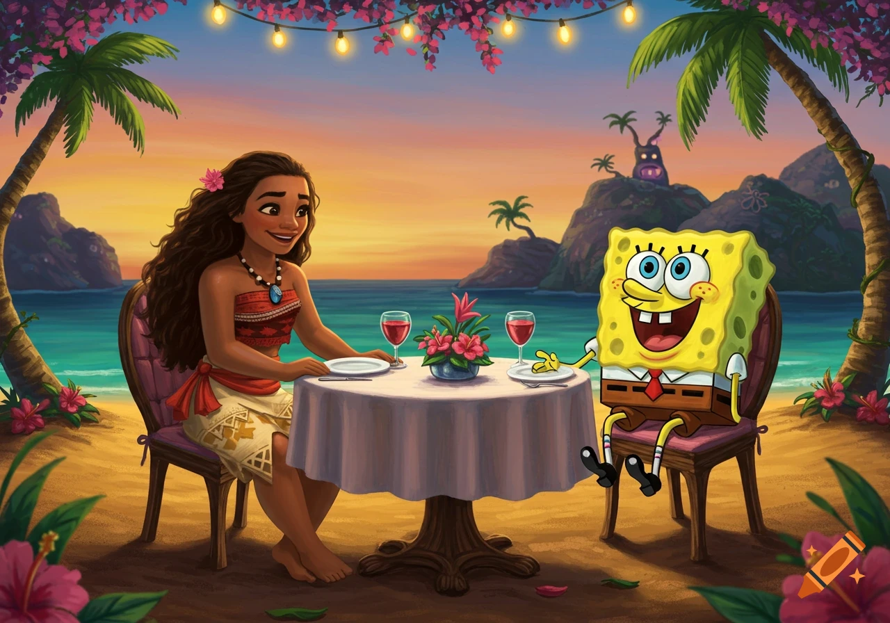 Moana and Spongebob on a romantic dinner date on a beach at sunset in ...