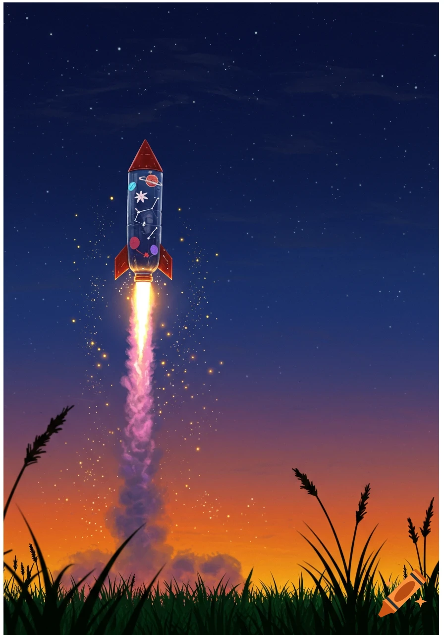 An illustrated rocket made from a clear bottle filled with space ...