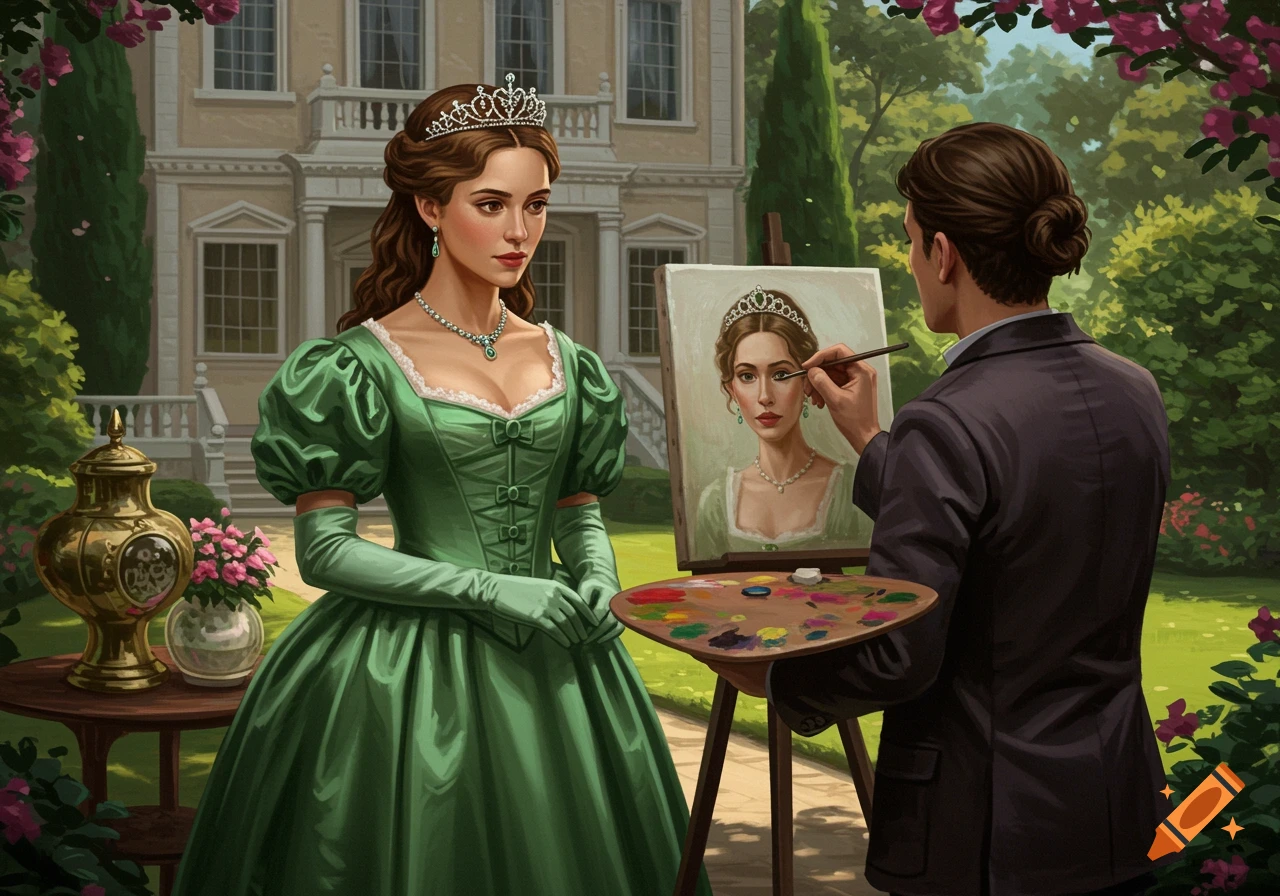A woman in a green historical dress poses for a portrait artist in a ...