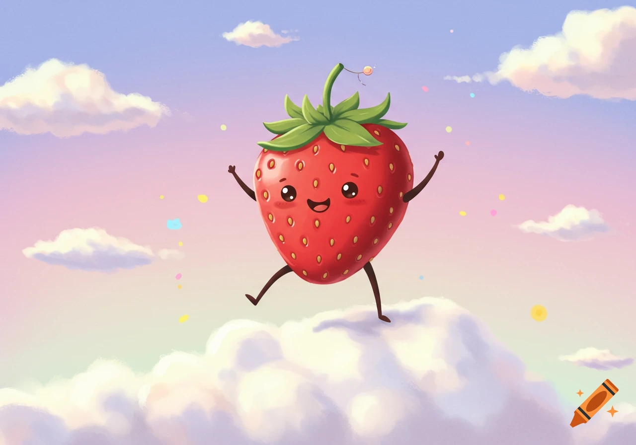 A cute cartoon strawberry dancing on a cloud in a pastel sky. on Craiyon