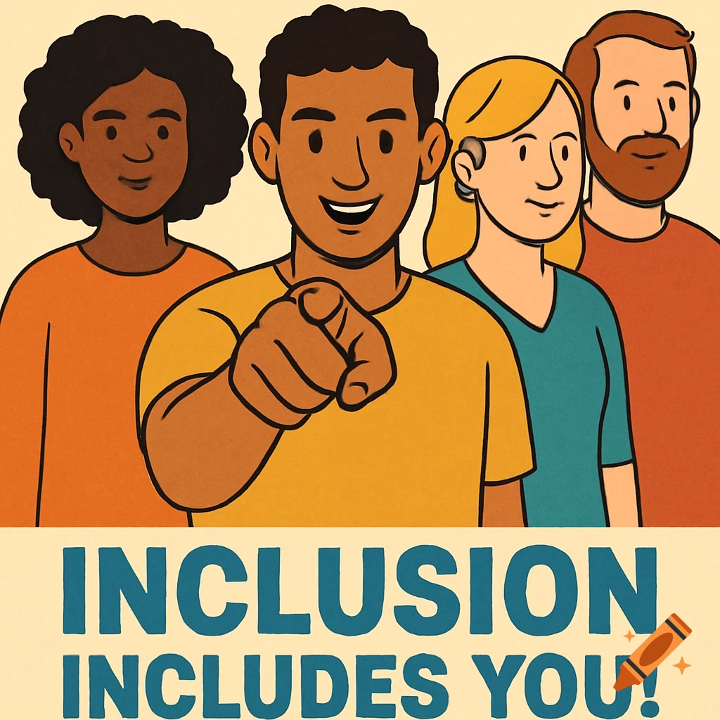 Cartoon poster of four diverse people, central person pointing forward ...