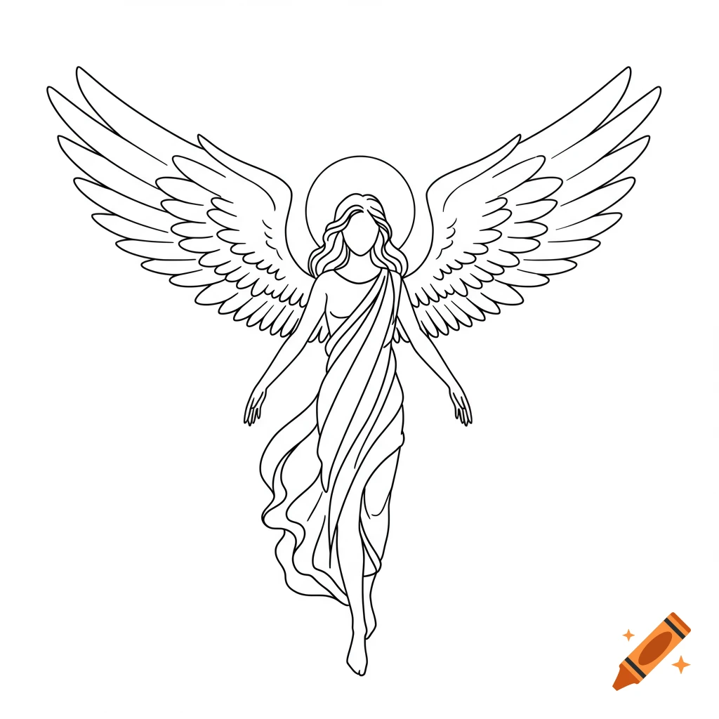 A simple line drawing of an angel with large wings and a halo. on Craiyon