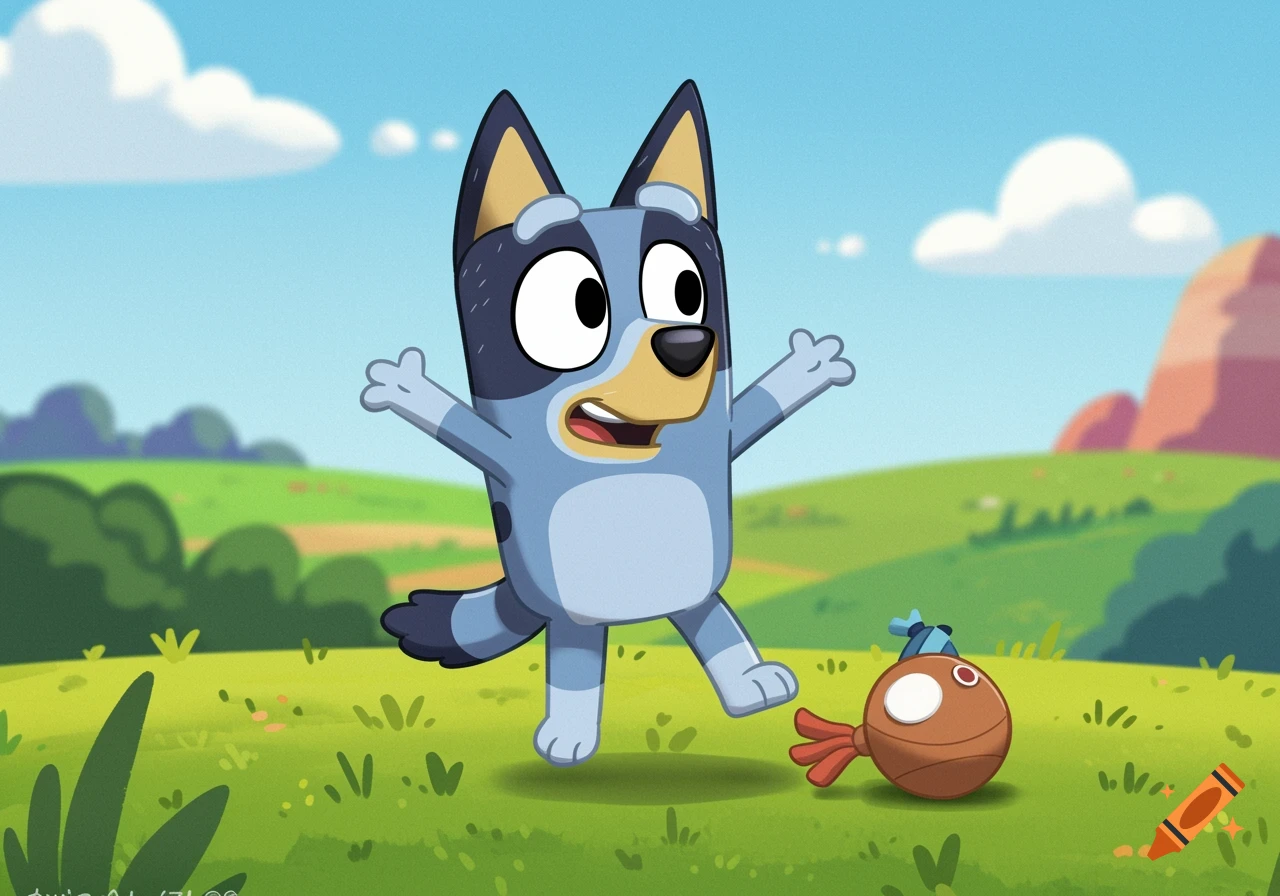 Bluey cartoon character jumping in a grassy field near a toy fish. on ...