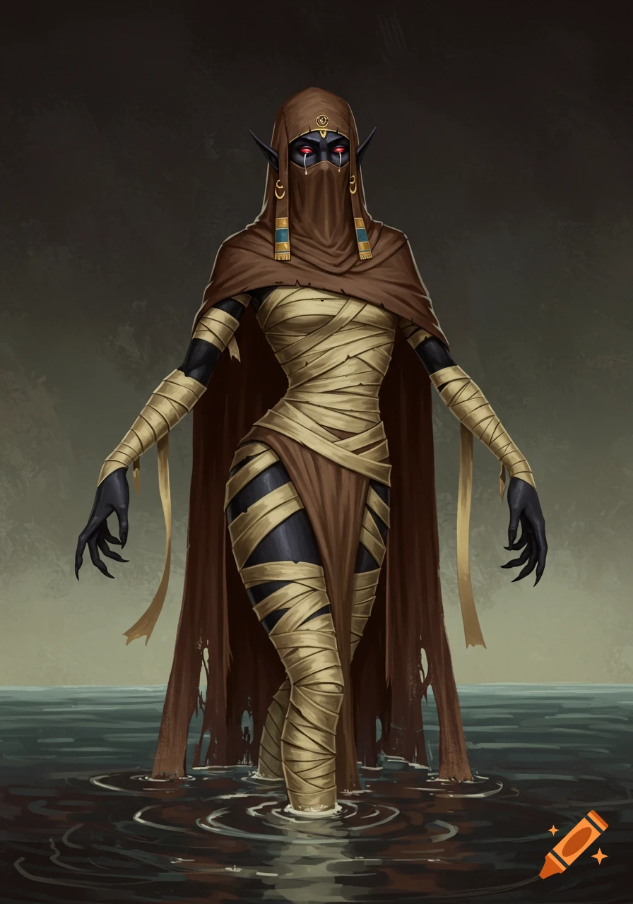 A dark fantasy character wrapped like a mummy, wading in water. on Craiyon