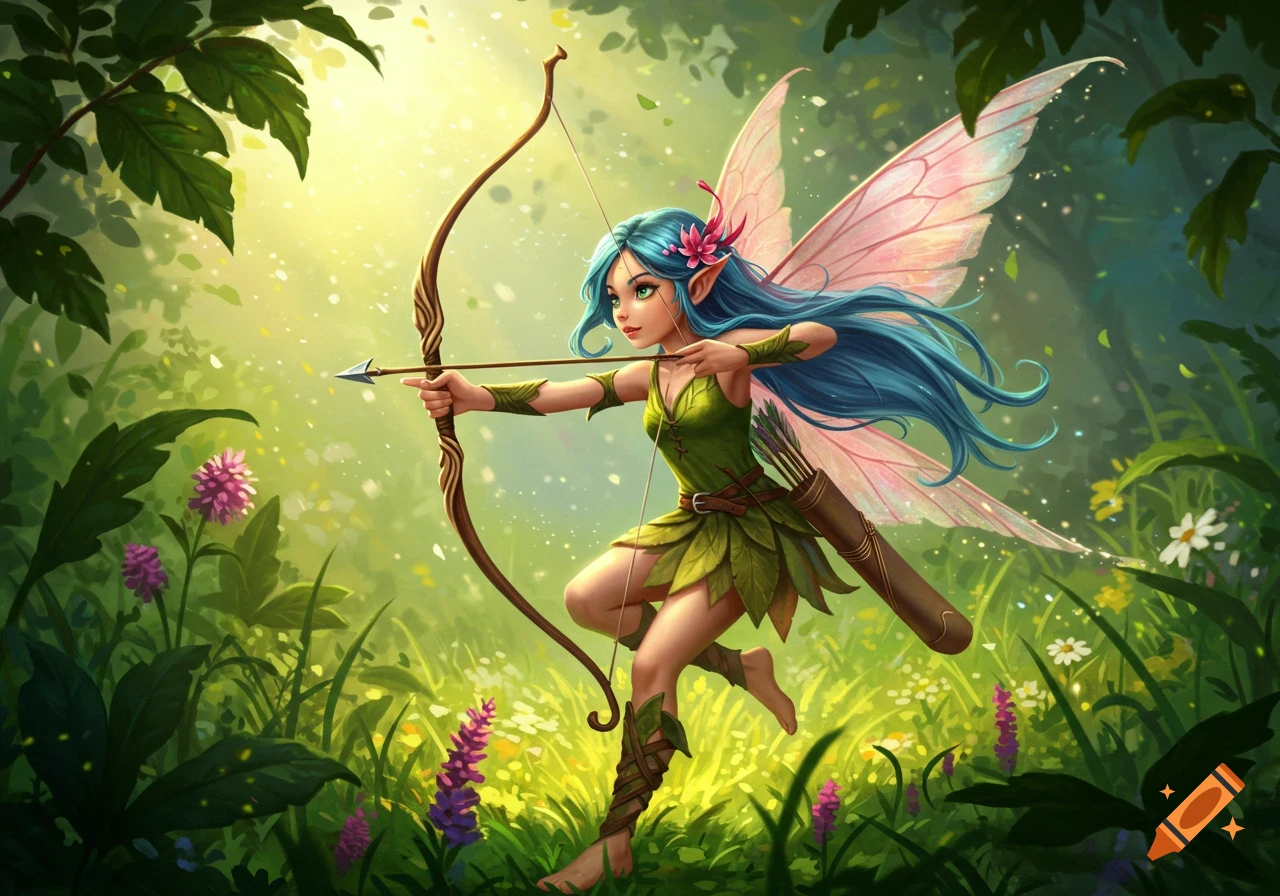 A fantasy illustration of a fairy girl with blue hair aiming a bow and arrow in a sunlit forest ...
