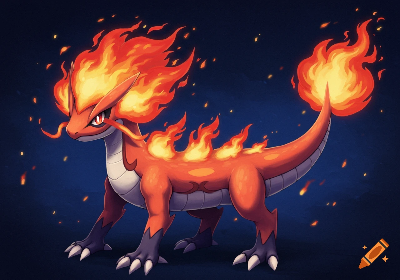 A fire-type monster with flames on its head, back, and tail. on Craiyon