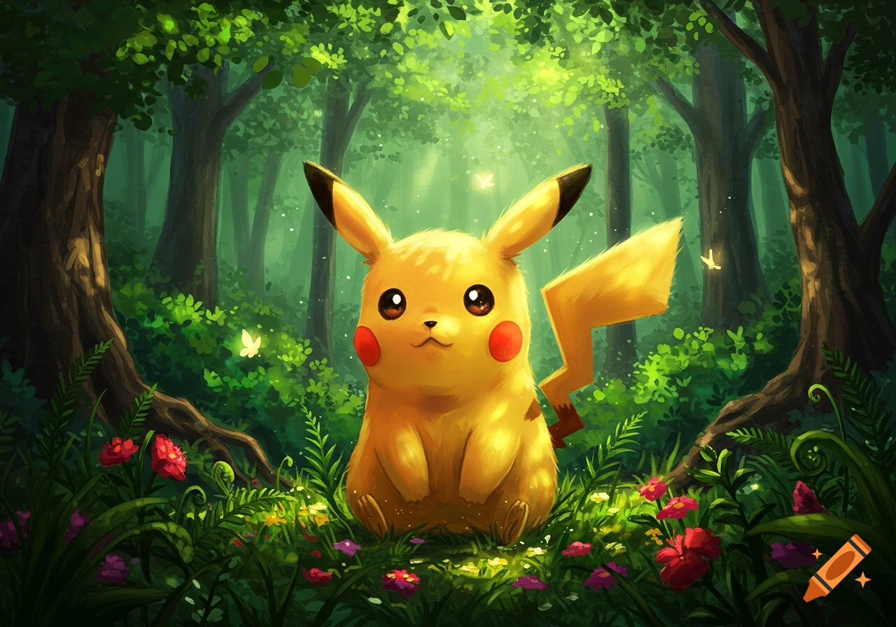 Pikachu sits in a lush forest with flowers and butterflies, rendered in ...