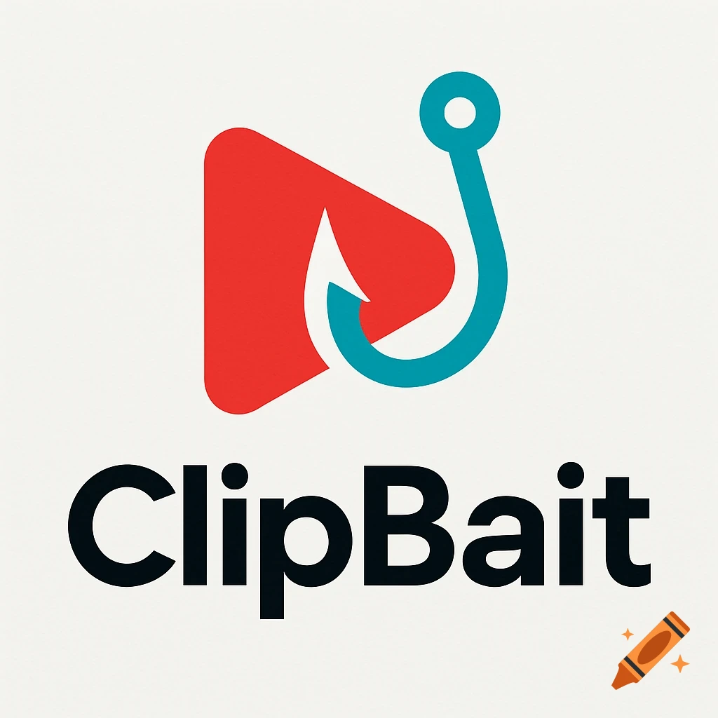 Logo with red play button shape and blue fish hook above the text ...
