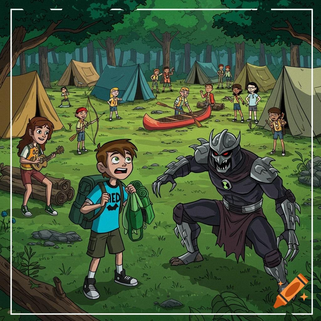 Ben 10 faces Shredder at a forest camp, surrounded by tents and other ...