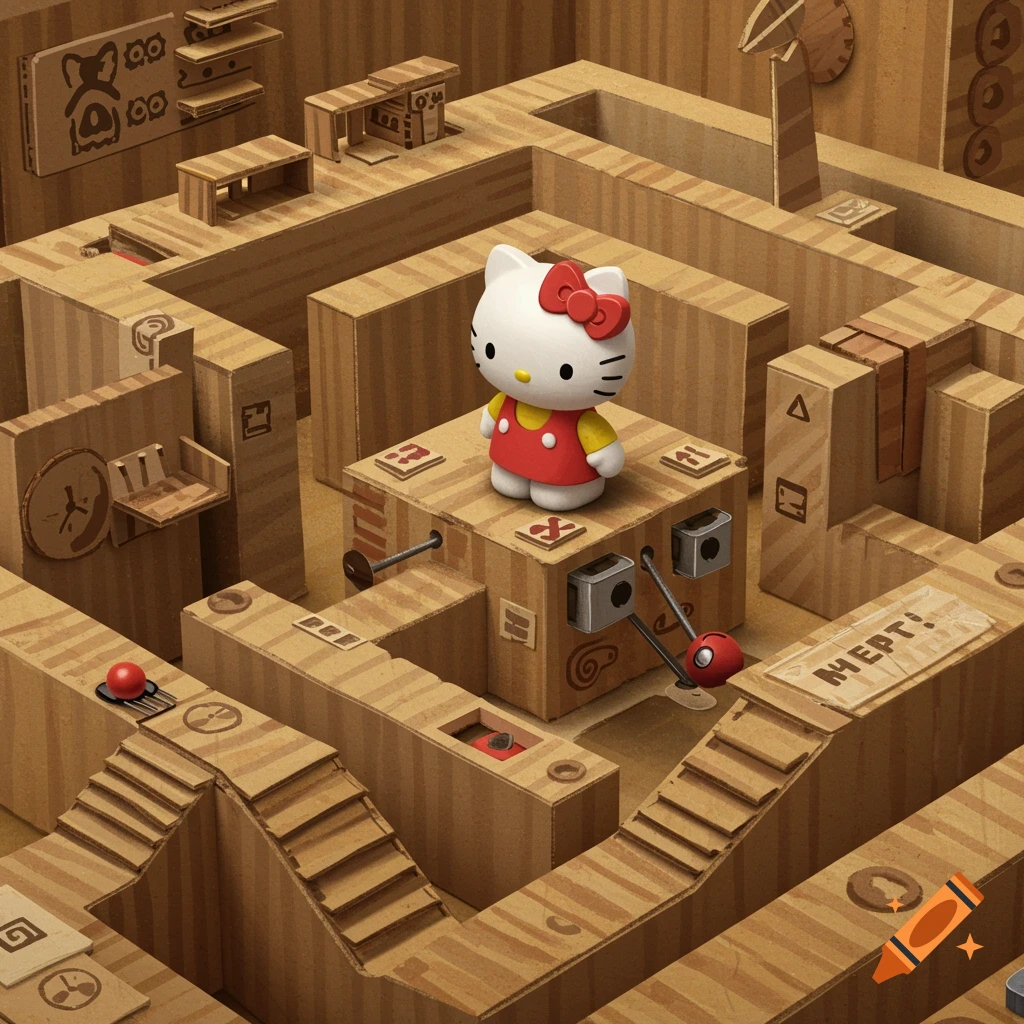 Hello Kitty standing on a box in a complex cardboard maze game with ...