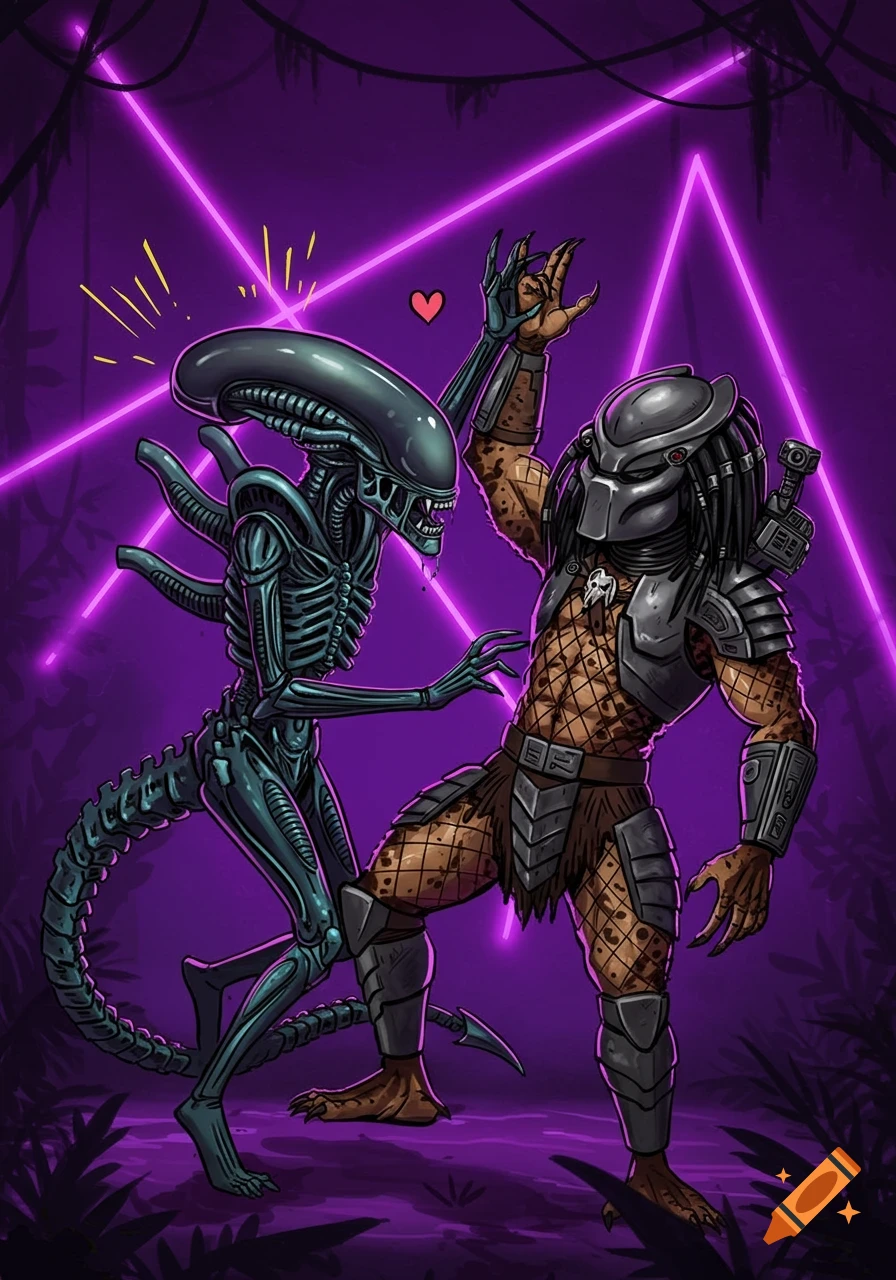 Drawing of the Alien and Predator high-fiving under neon lights in a ...