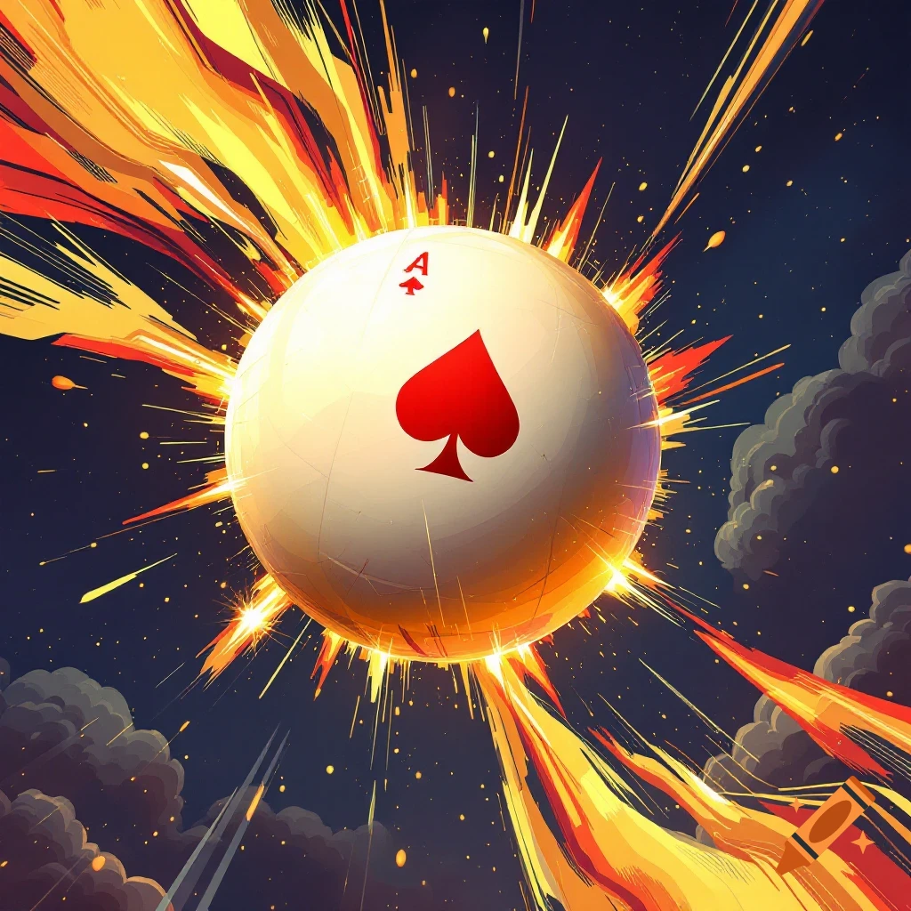 A giant sphere with an ace of spades symbol explodes in a stylized ...