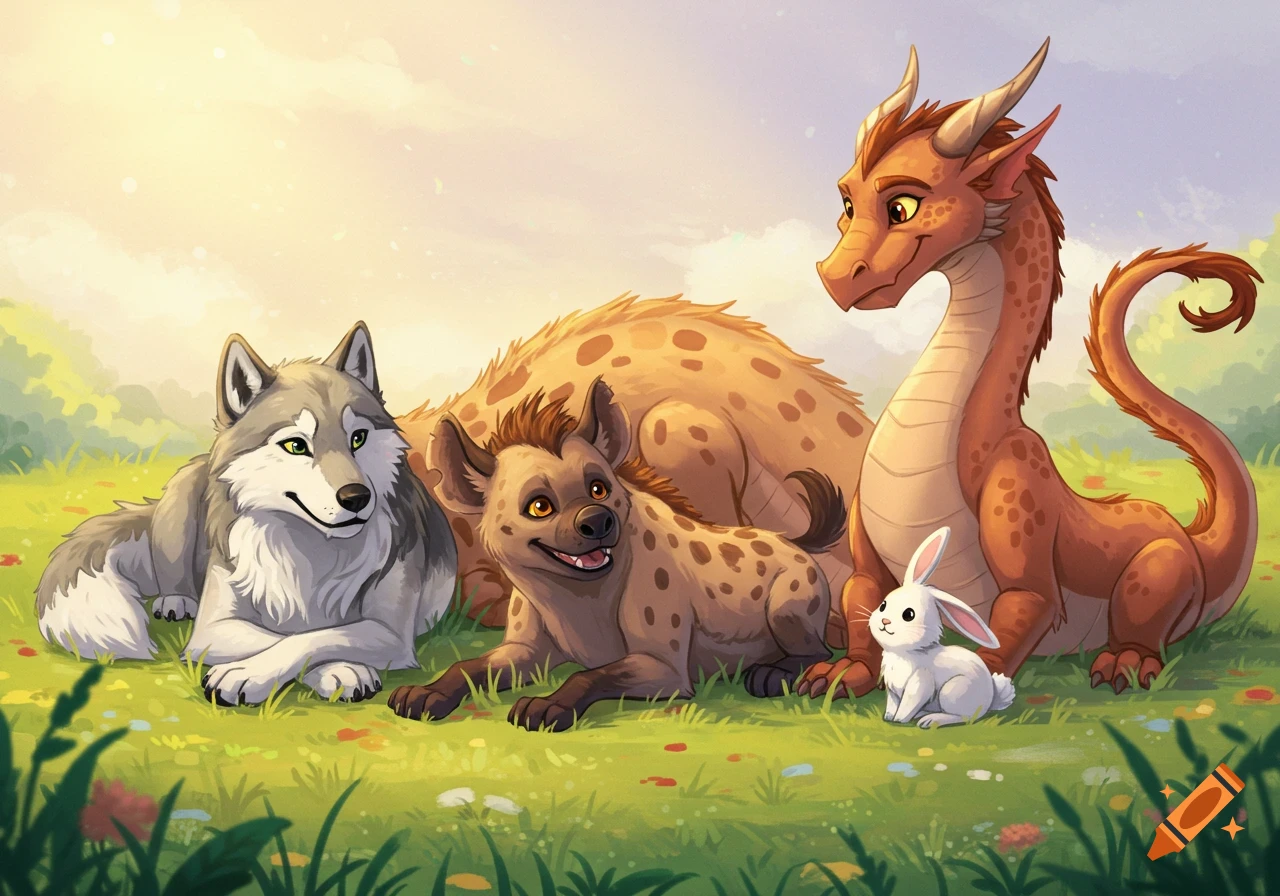 A cartoon wolf, hyena, dragon, and bunny relaxing together in a sunny ...