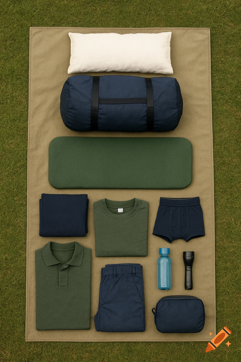 Flat lay of camping gear including duffel bag, pillow, sleeping mat, clothes, water bottle, and ...