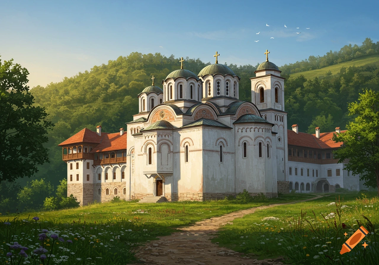 A large monastery building with multiple domes stands in a sunny grassy ...