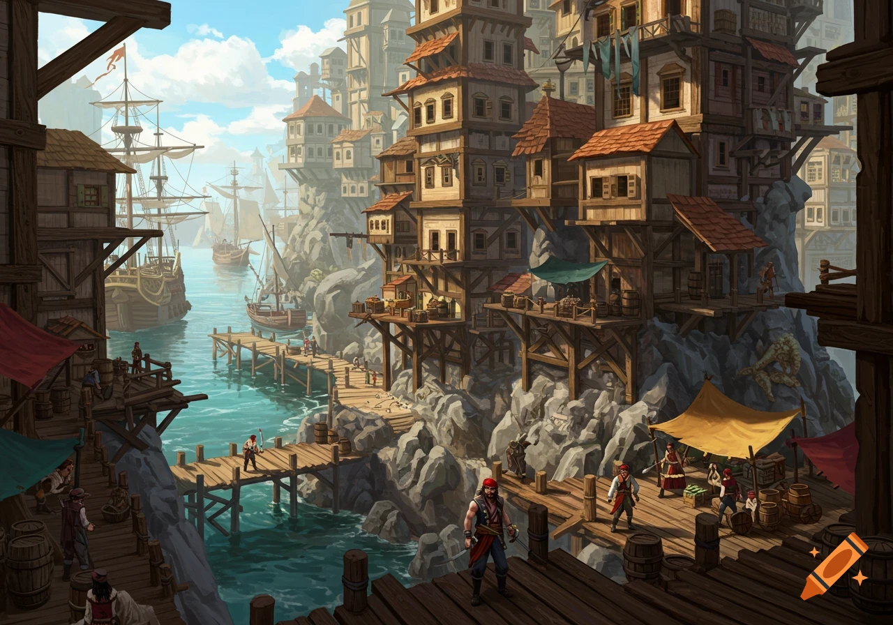 Digital painting of a pirate city built on cliffs overlooking a harbor ...