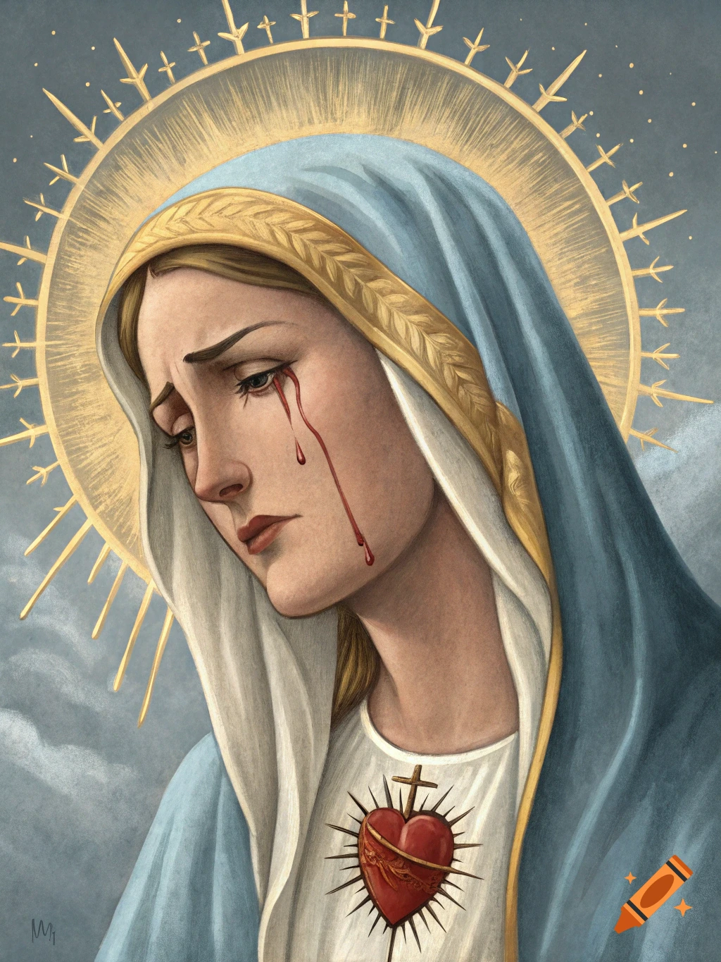 Illustration of the Virgin Mary crying blood, with a halo and a pierced ...