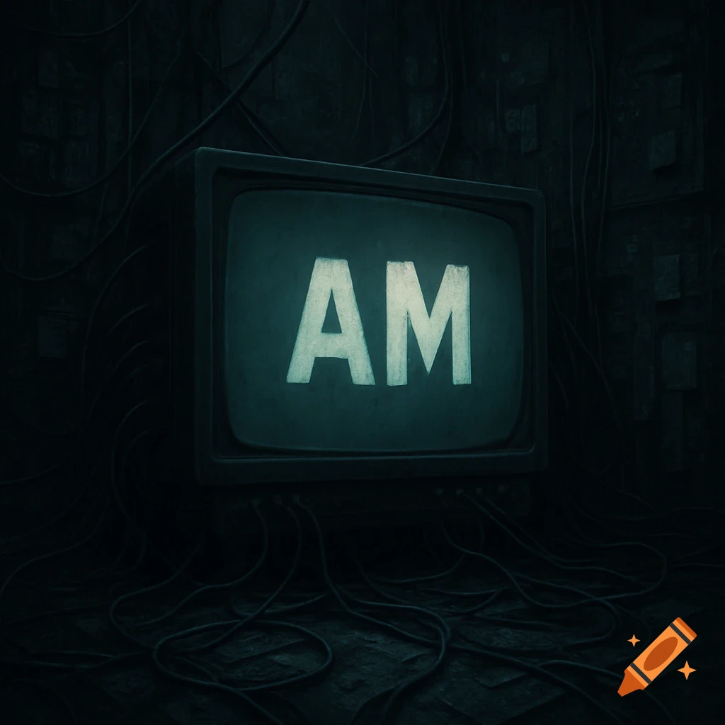 A retro TV screen displays the text AM in a dark room filled with wires ...