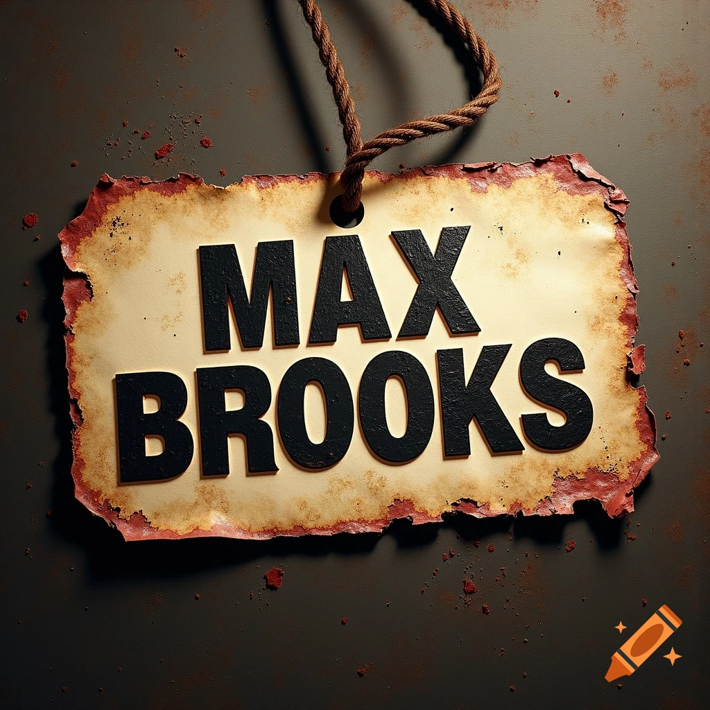 Distressed name tag with 'MAX BROOKS' in bold black letters, hanging ...