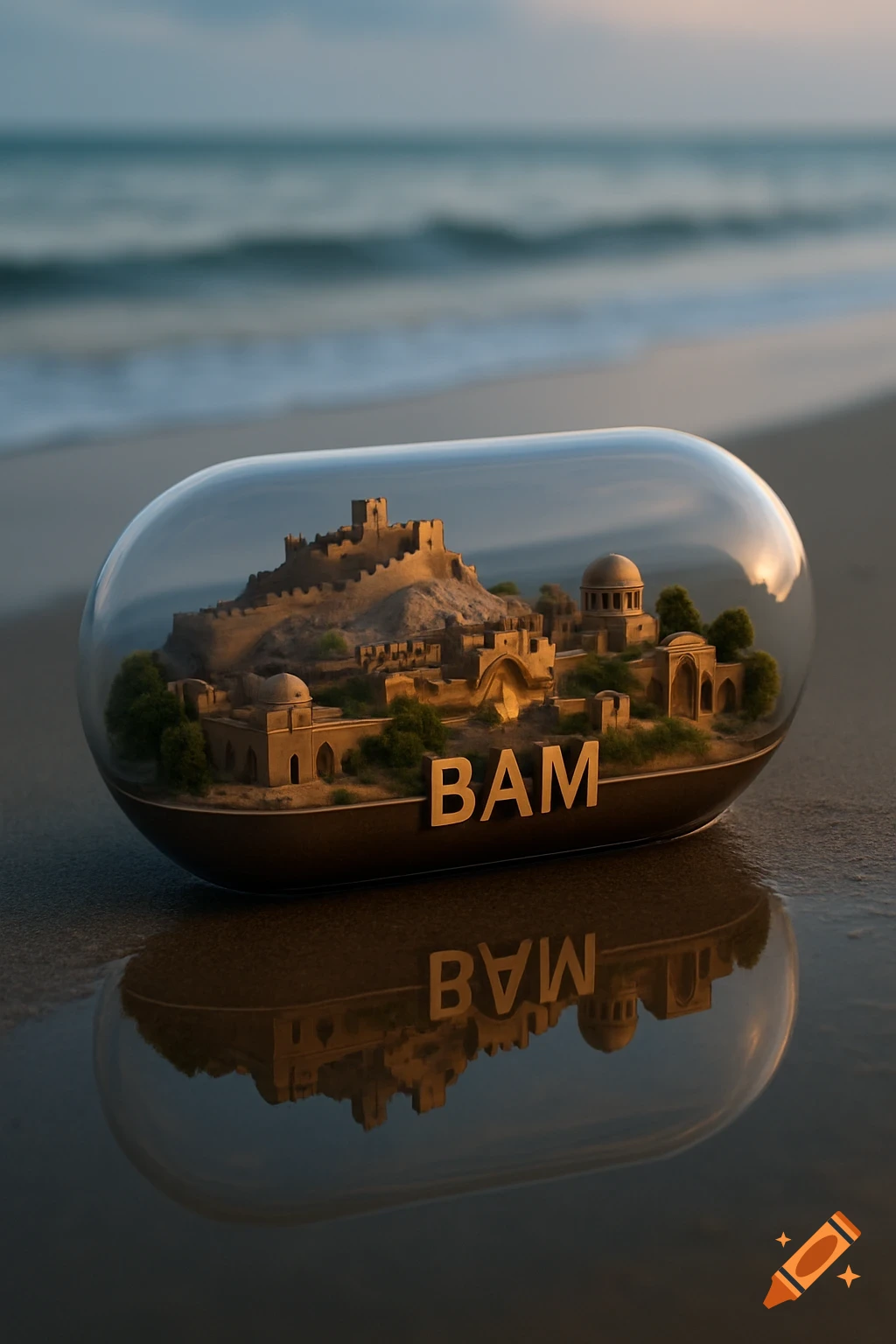 Photorealistic image of a miniature city inside a glass capsule resting ...