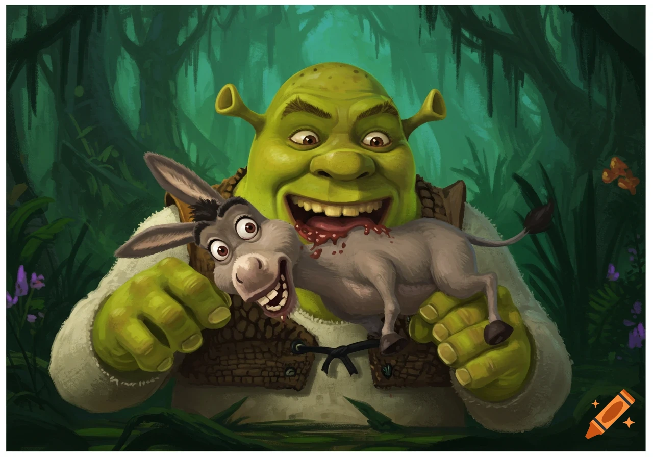 Cartoon Shrek holding a small, bloody donkey figure in a forest. on Craiyon