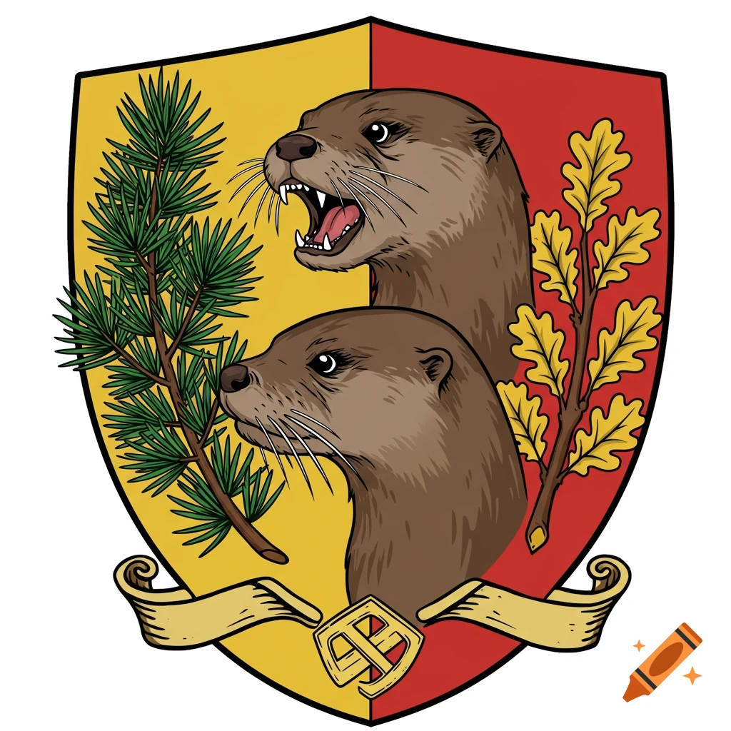 Illustration of a coat of arms with two otters, a pine branch, an oak ...