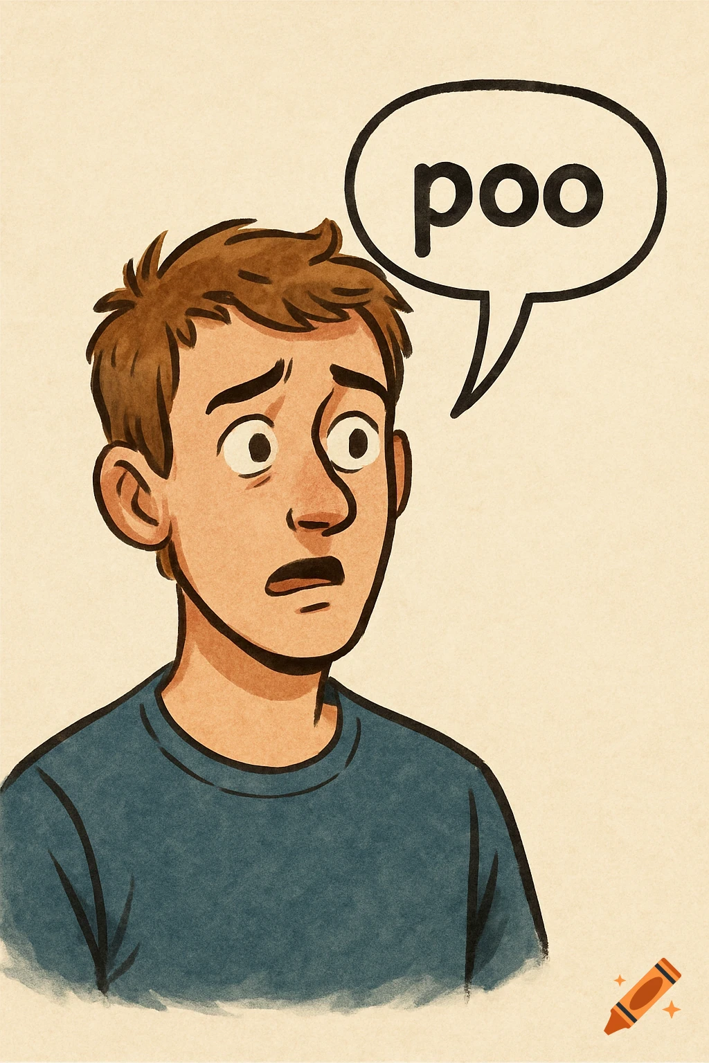 Cartoon illustration of a surprised man with a speech bubble saying poo ...