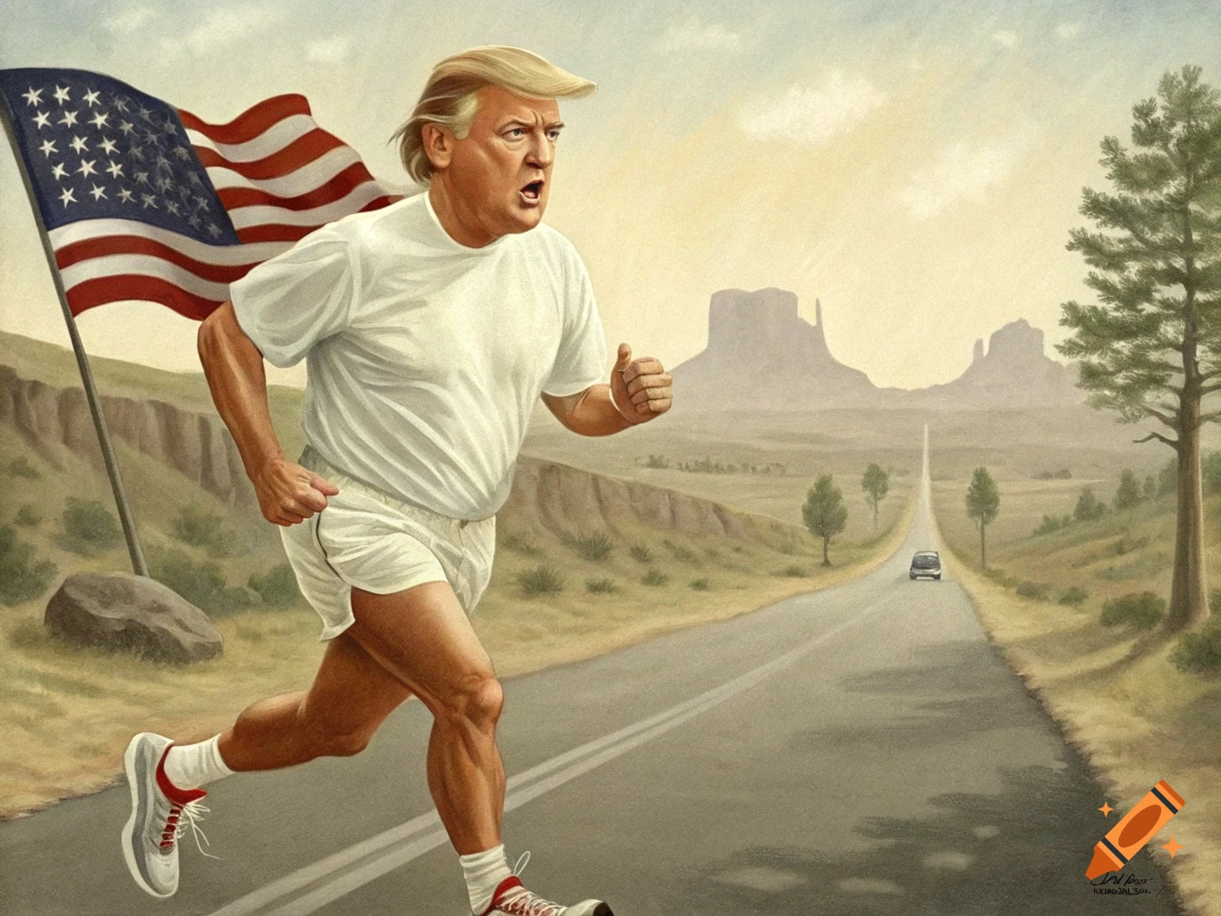 Painting of Donald Trump running on a desert road with an American flag ...