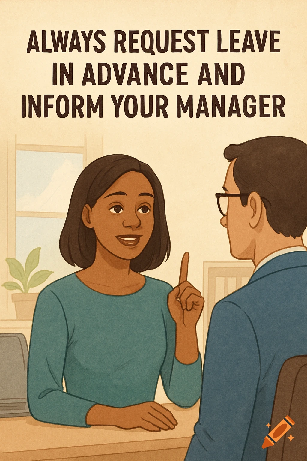 Illustration of two people talking in an office with text above them ...