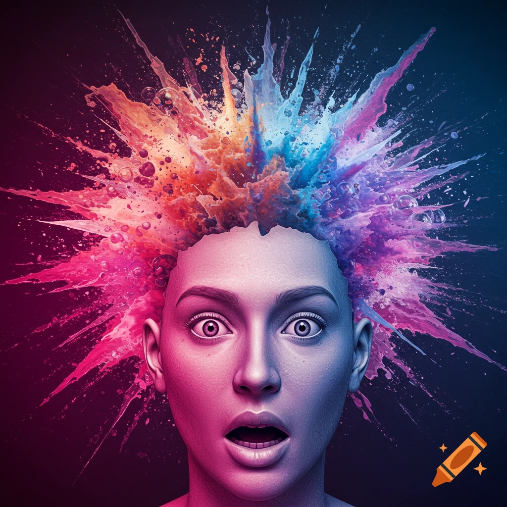 A person's head explodes with a burst of colorful abstract shapes and ...