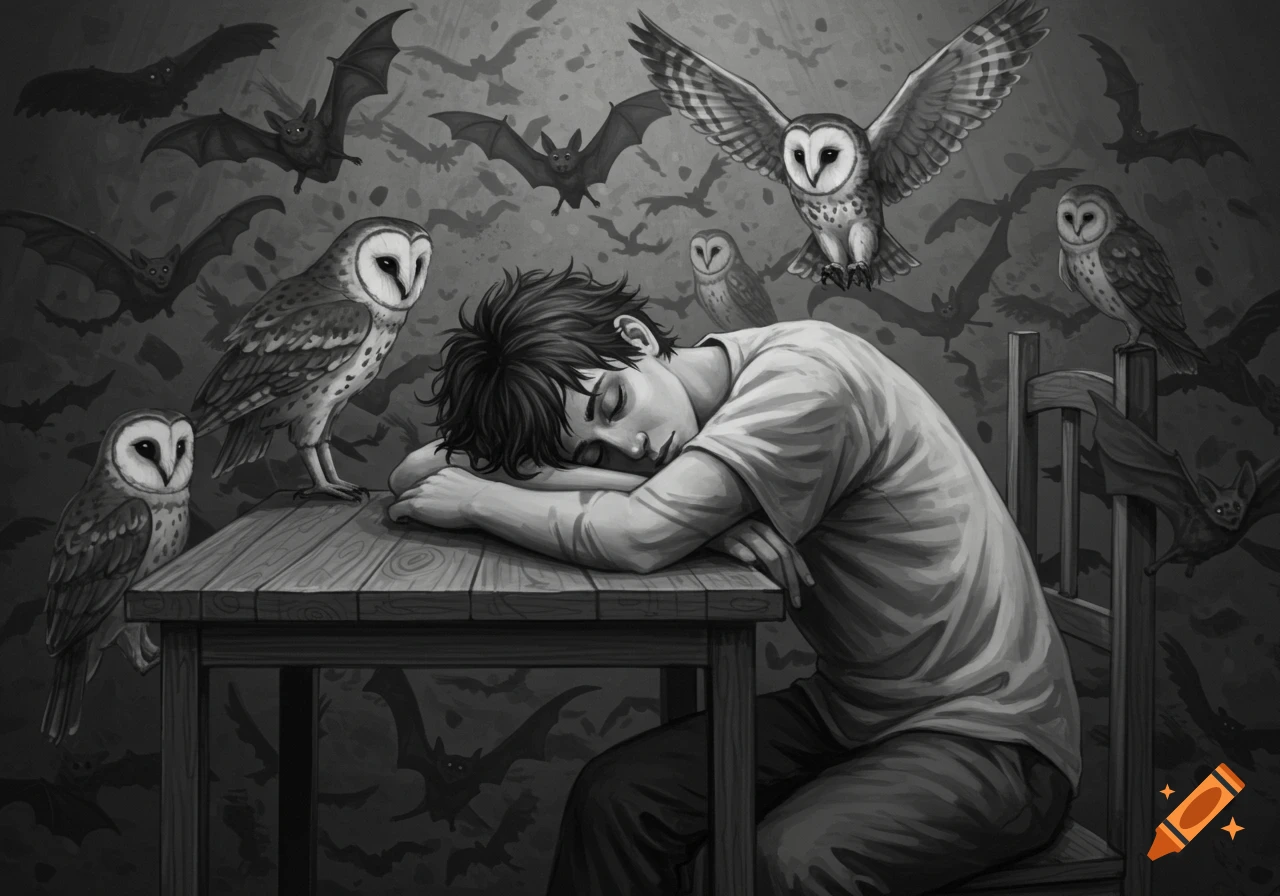 Person sleeping slumped over table with owls and bats flying behind and ...