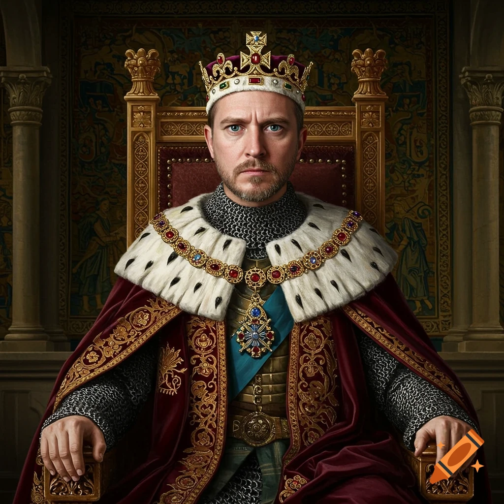 Realistic portrait of a man in a crown and elaborate king's robe ...