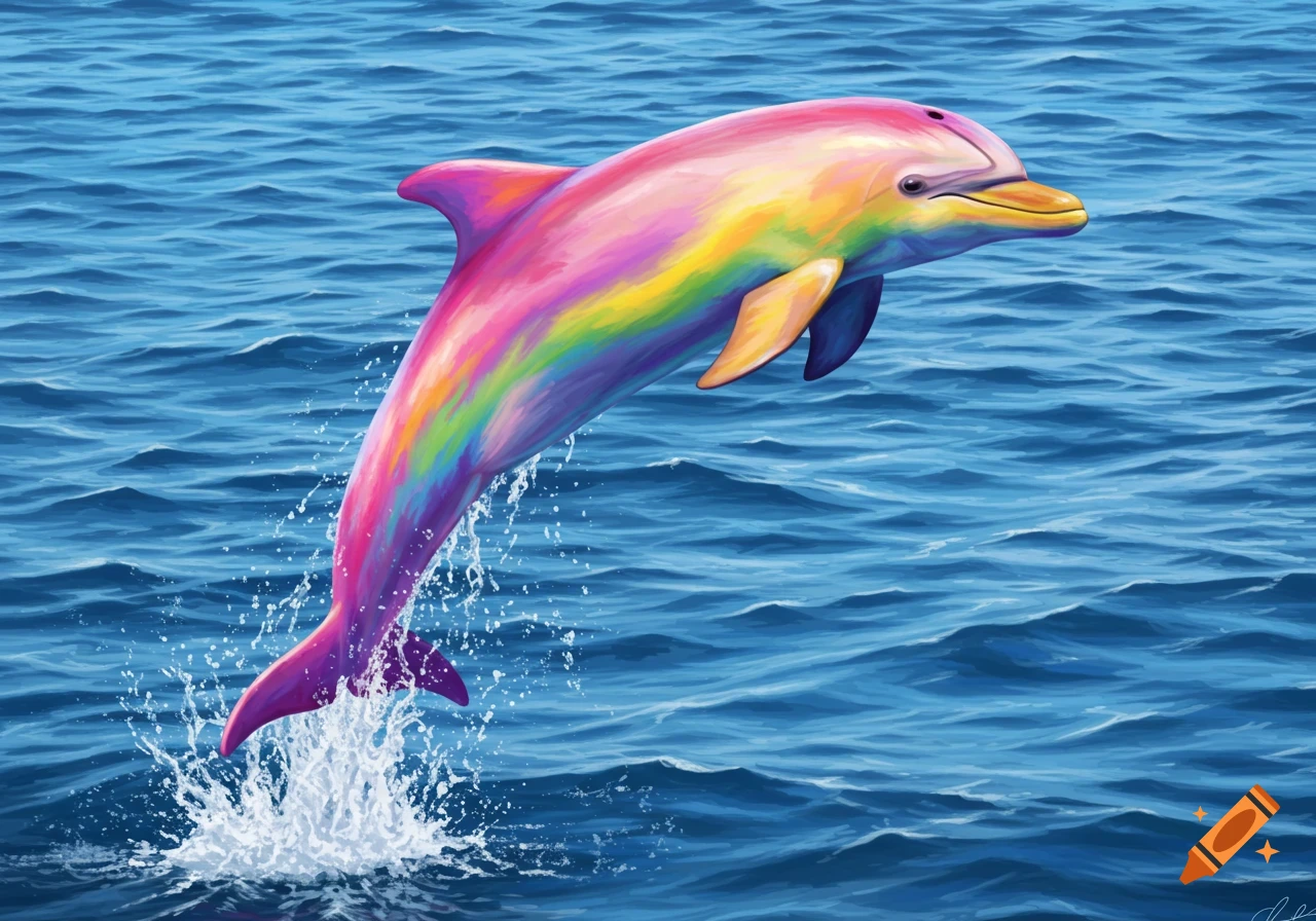 A rainbow-colored dolphin leaps out of the blue ocean in a painted ...