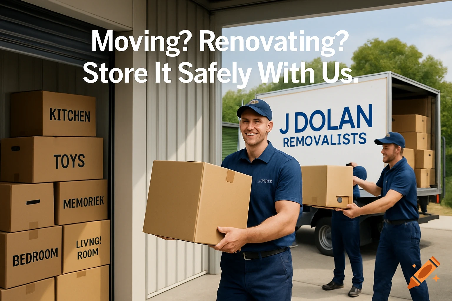 Movers load boxes into a truck outside a storage unit. Text overlay ...