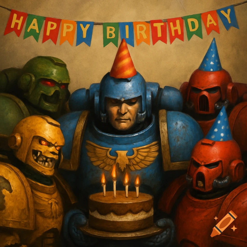 Warhammer 40k Space Marines in party hats celebrate a birthday with ...