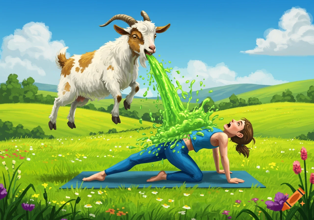 Digital illustration of a goat vomiting green liquid onto a woman doing ...