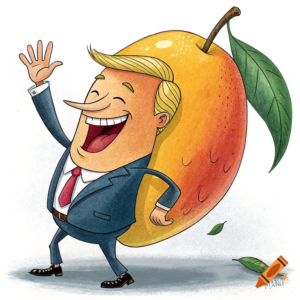 Cartoon illustration of Donald Trump depicted as a mango, waving and ...