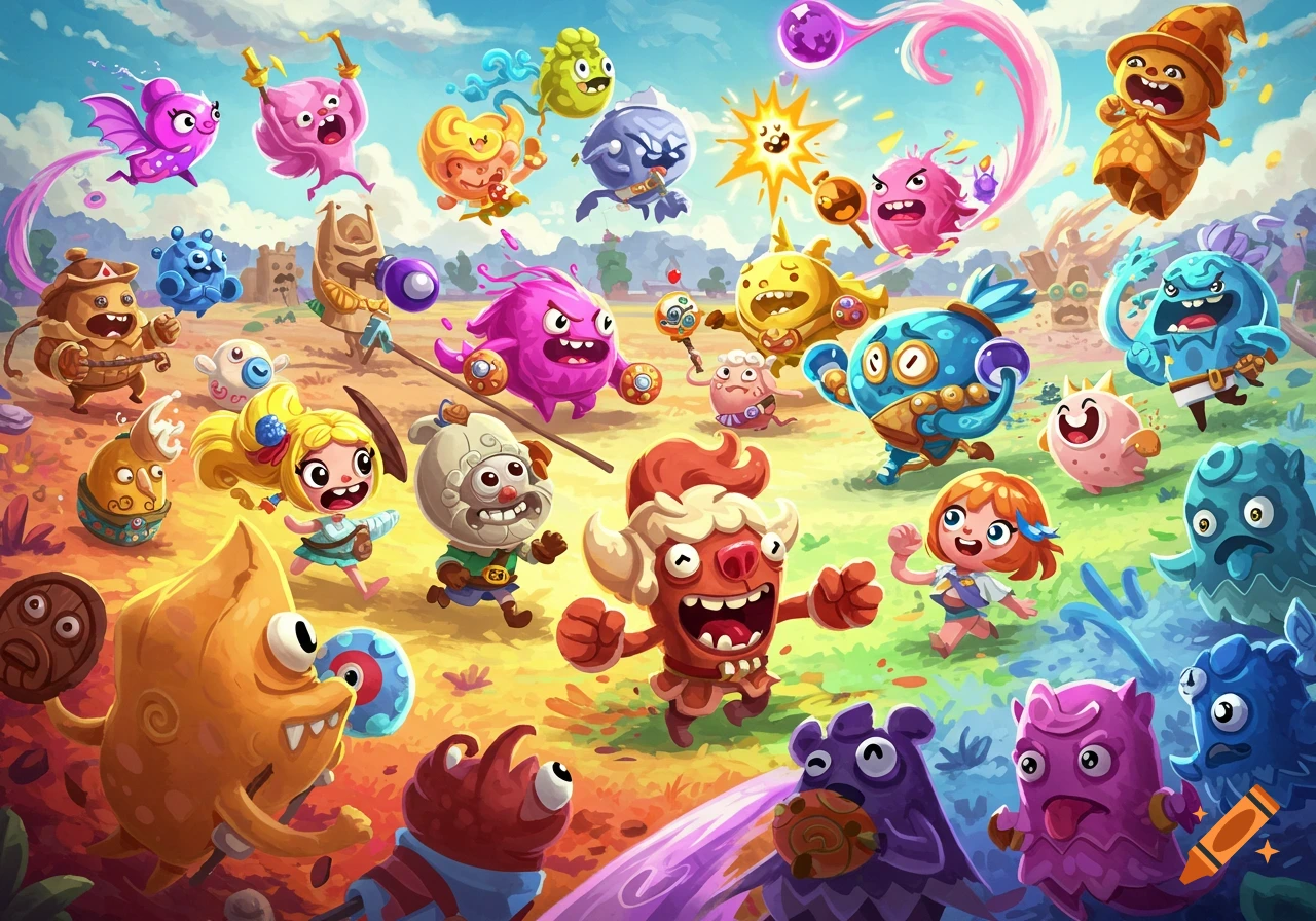 Colorful cartoon monsters and children run through a vibrant fantasy ...