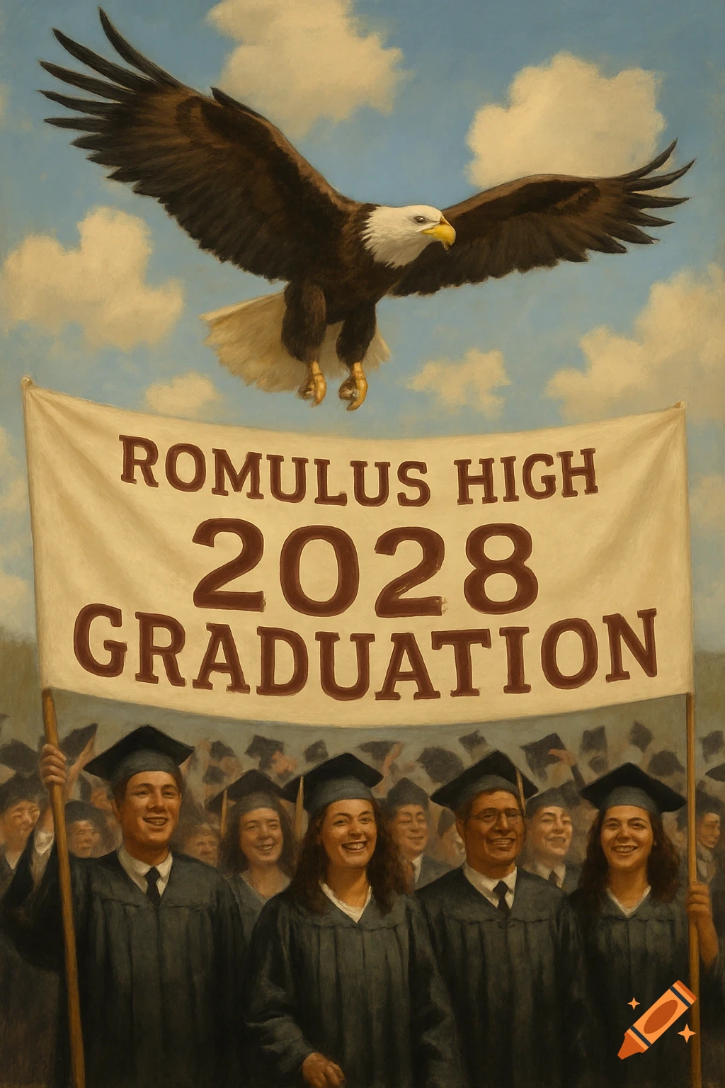 An eagle flies over students holding a Romulus High 2028 Graduation ...