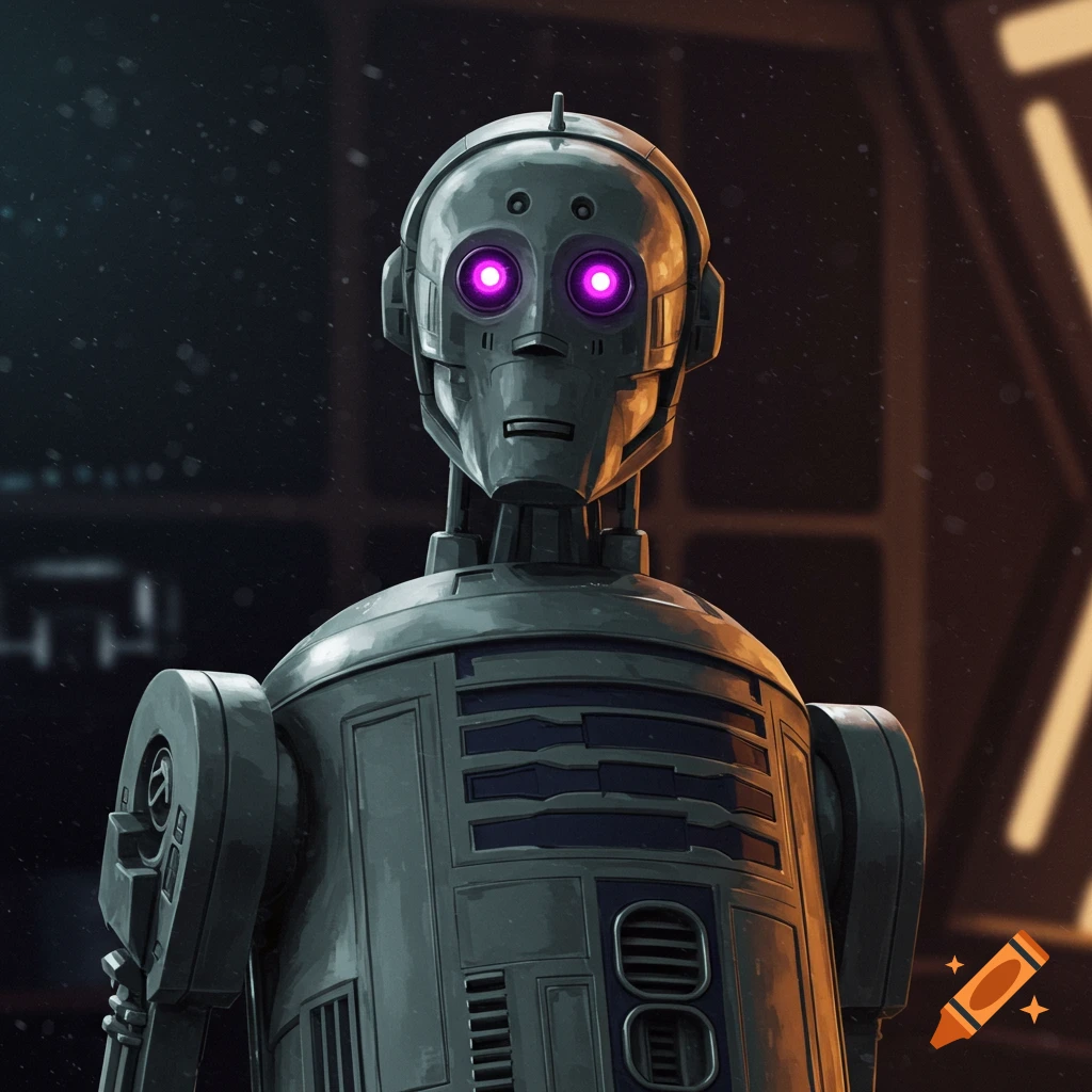 A gray protocol droid with bright purple eyes stands in a blurry sci-fi ...