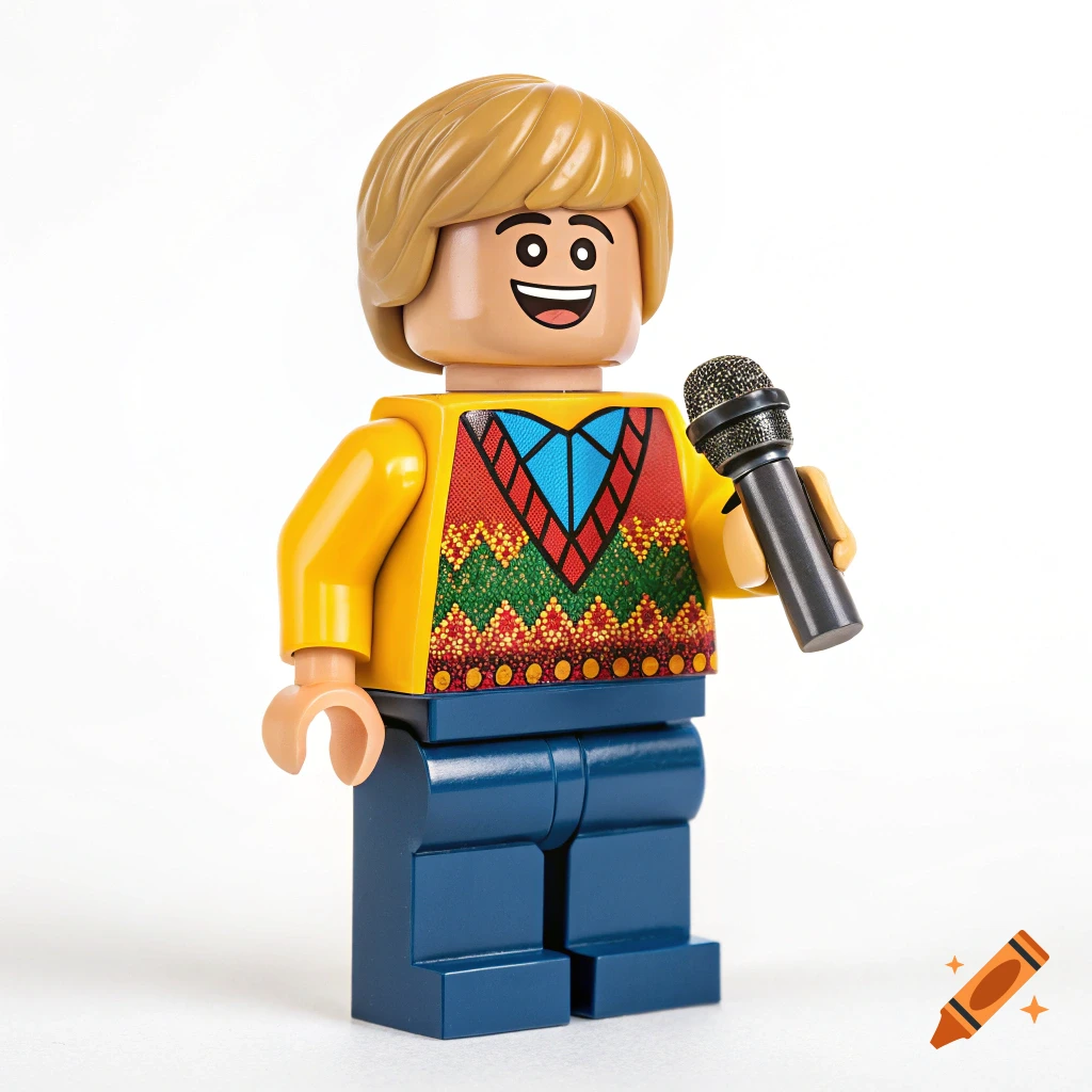 A Lego minifigure with blonde hair and a colorful patterned shirt holds ...