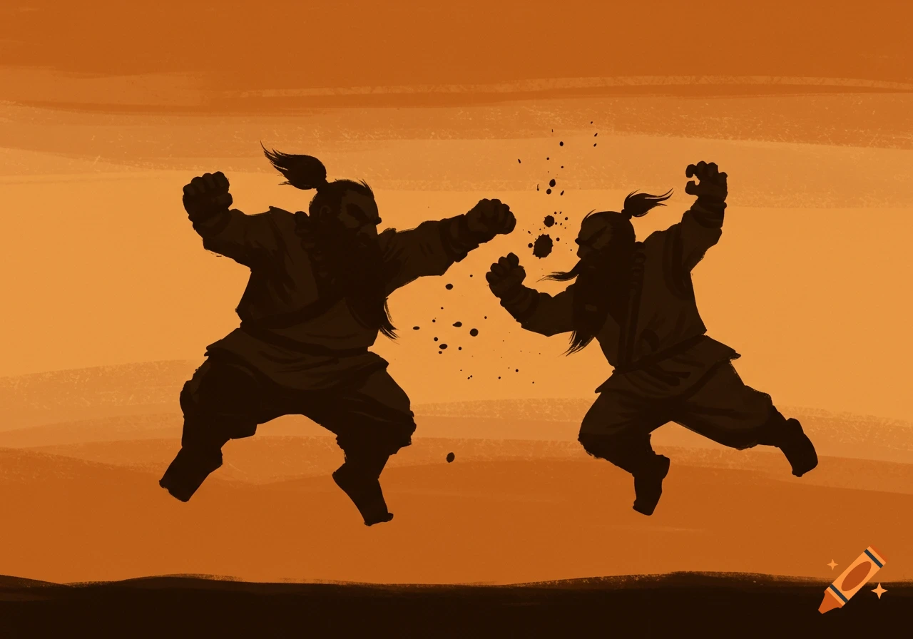 Two dwarf silhouettes fight in mid-air against an orange background in ...