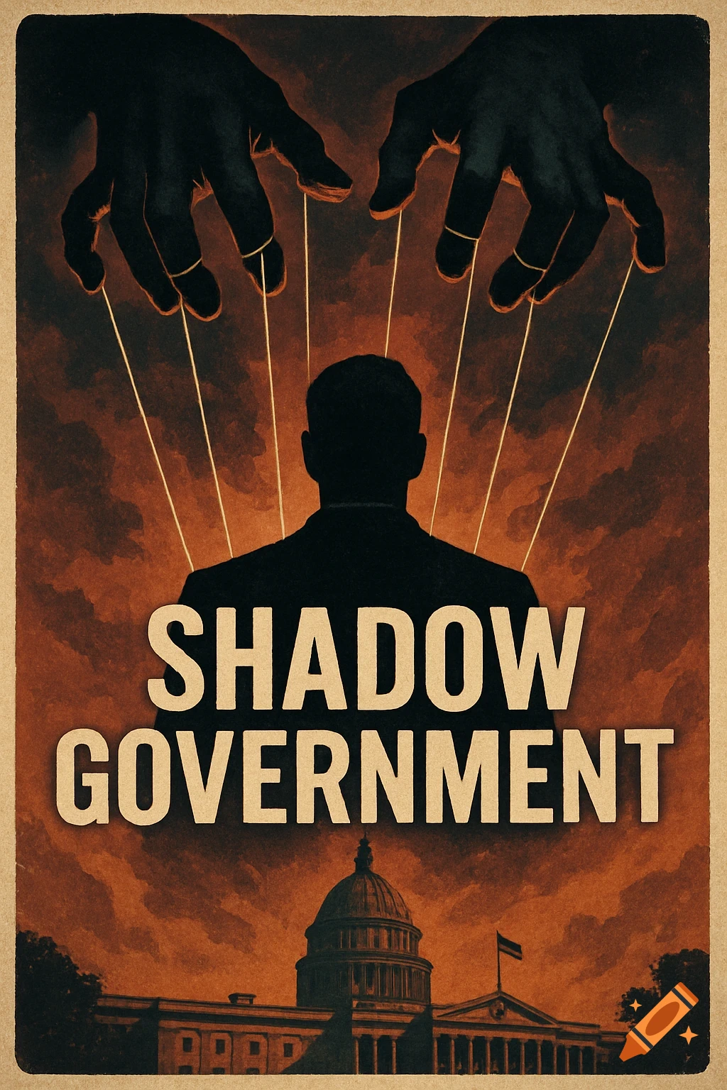 Poster illustration of puppet master hands controlling a silhouette ...