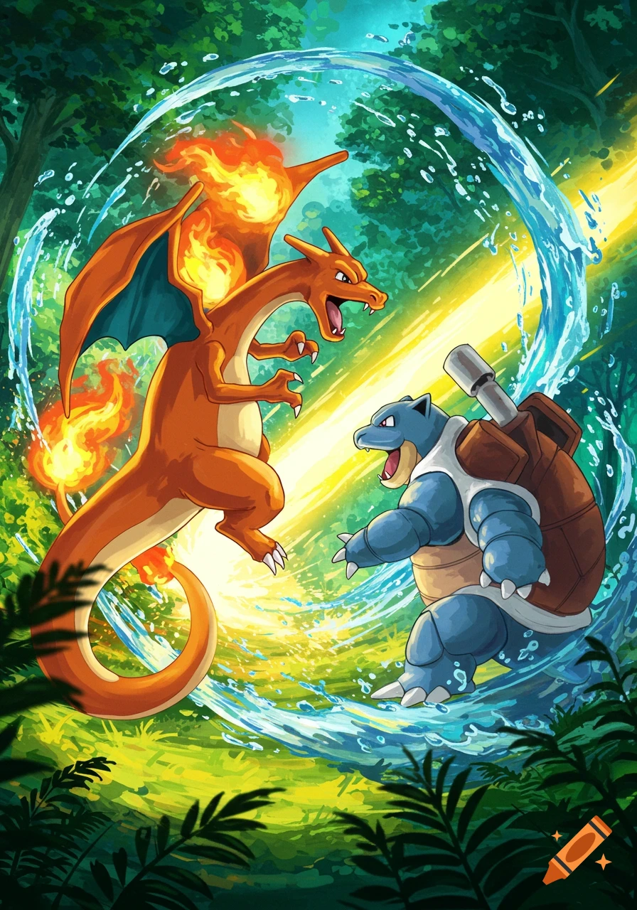 Charizard and Blastoise battle in a forest, surrounded by fire and ...